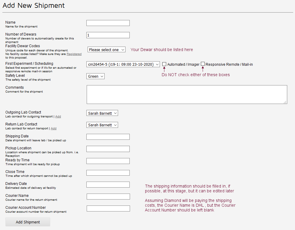 Create A Shipment - - Diamond Light Source