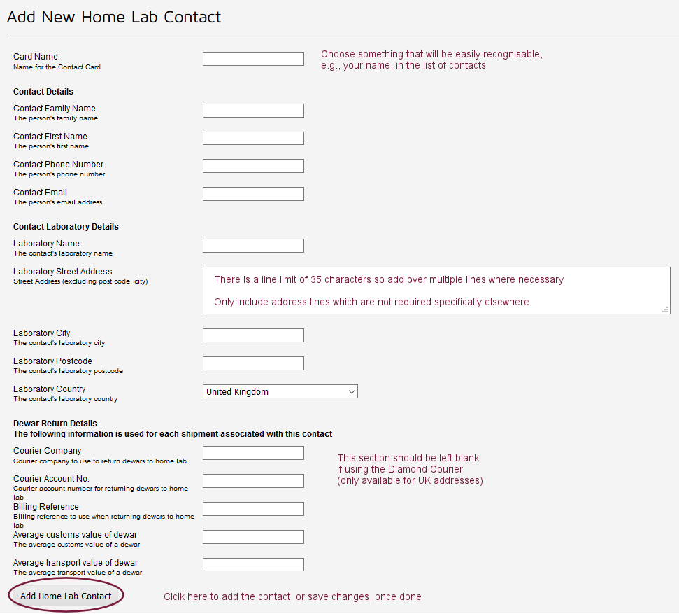 Create A Shipment - - Diamond Light Source