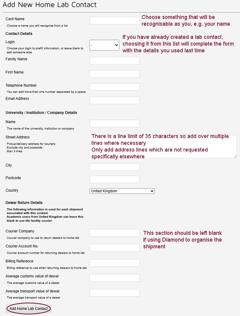 Create A Shipment - - Diamond Light Source