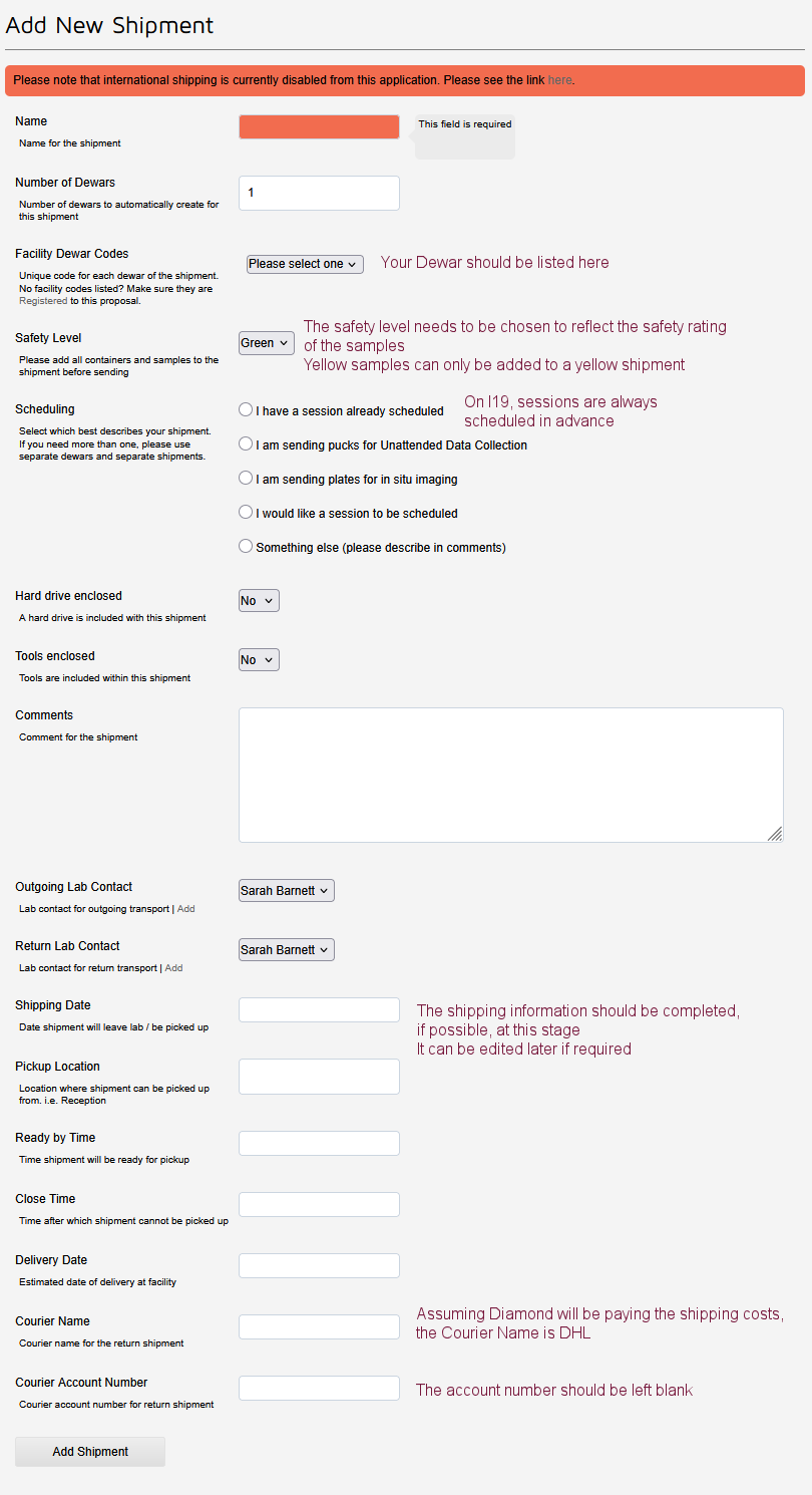 Create A Shipment - - Diamond Light Source